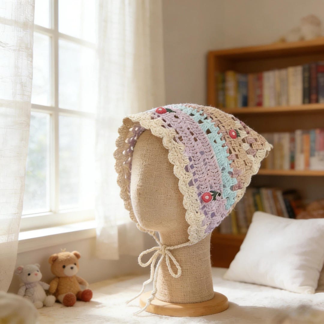 Colorful Crochet Flower Triangle Bonnet, Handmade Dopamine Lace ...