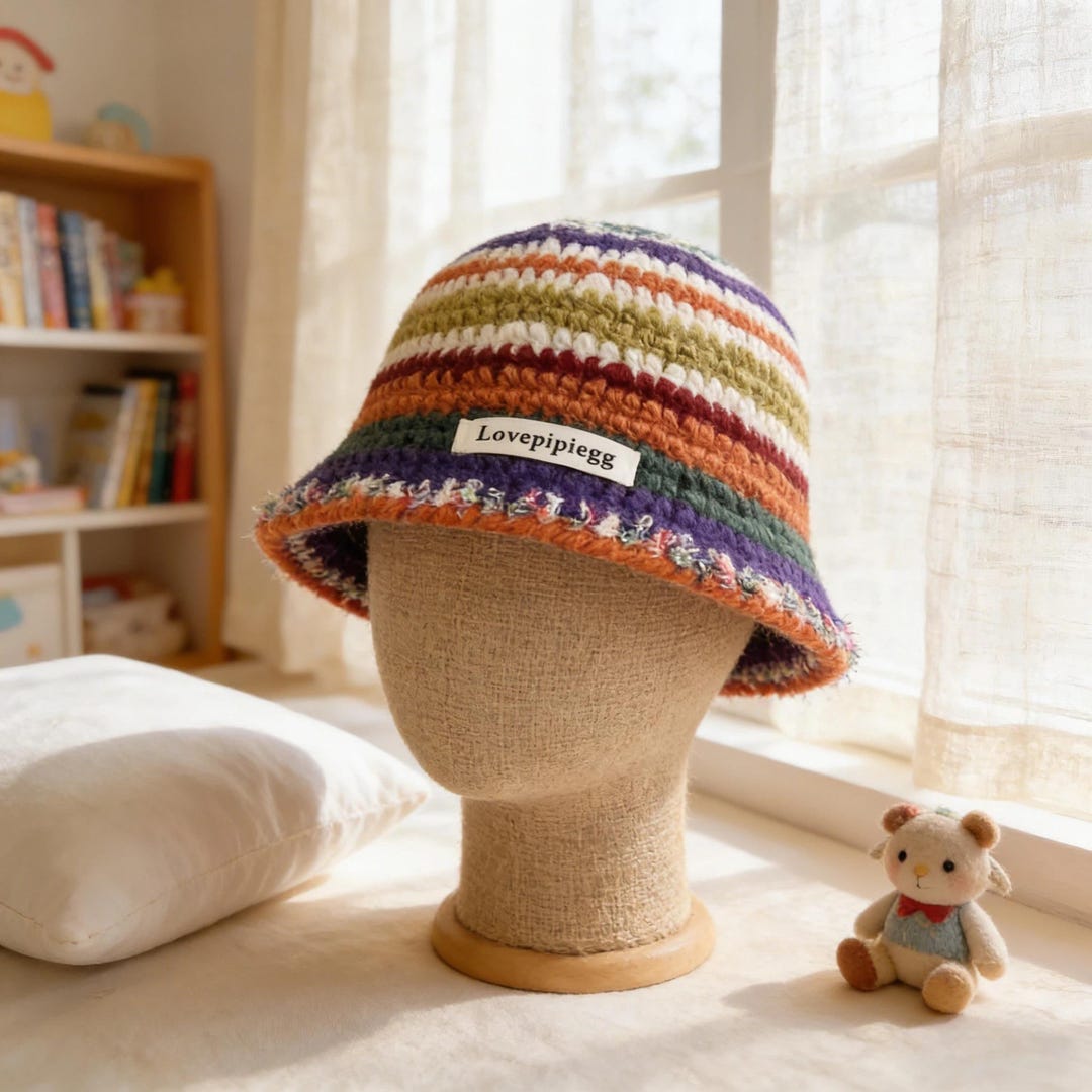 Handmade Crochet Rainbow Bucket Hat, Dopamine Color Cotton Summer Hat ...