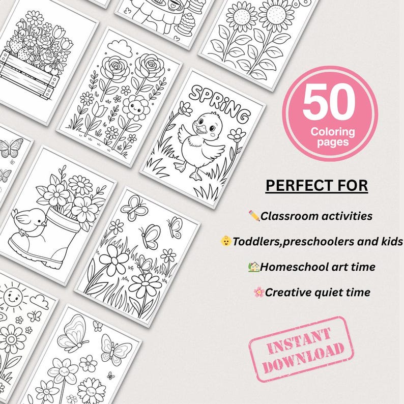 50 Spring Coloring Pages for Kids, Toddler Preschool Activity Book (PDF ...