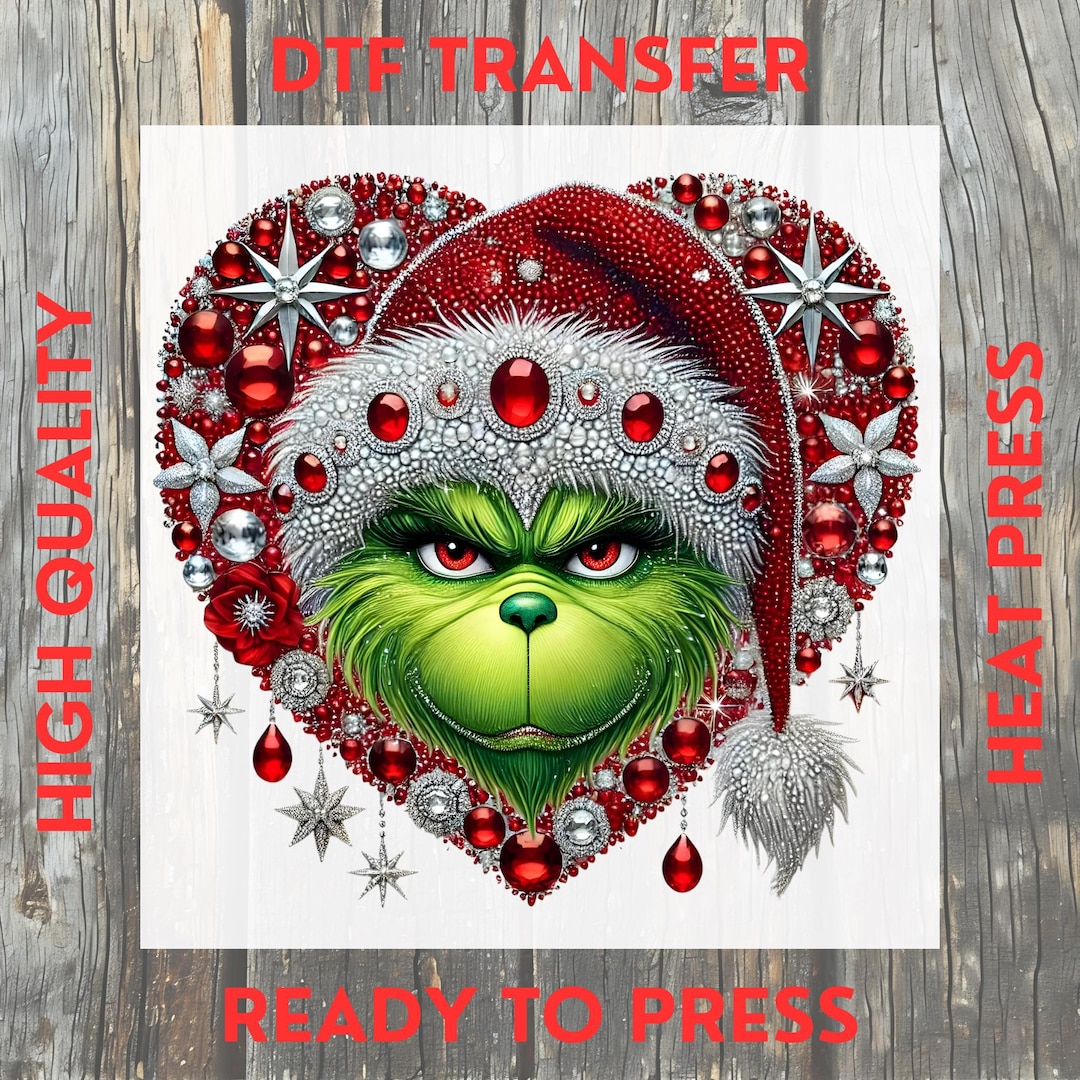 Bling Grinch Heart Christmas Sparkly Rhinestone Design DTF Transfer ...