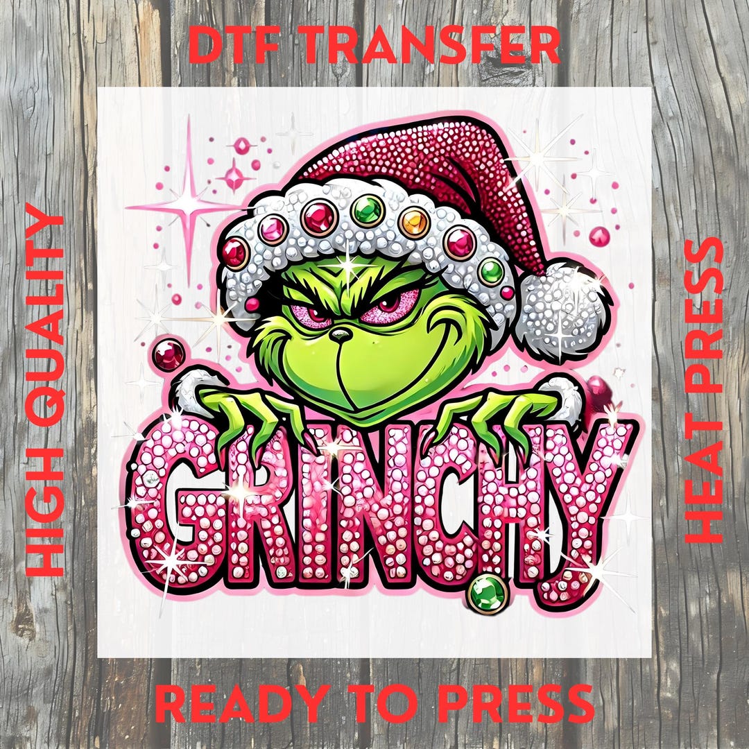 Pink Rhinestone Grinchy Christmas Bling Design DTF Transfer: Sparkly ...