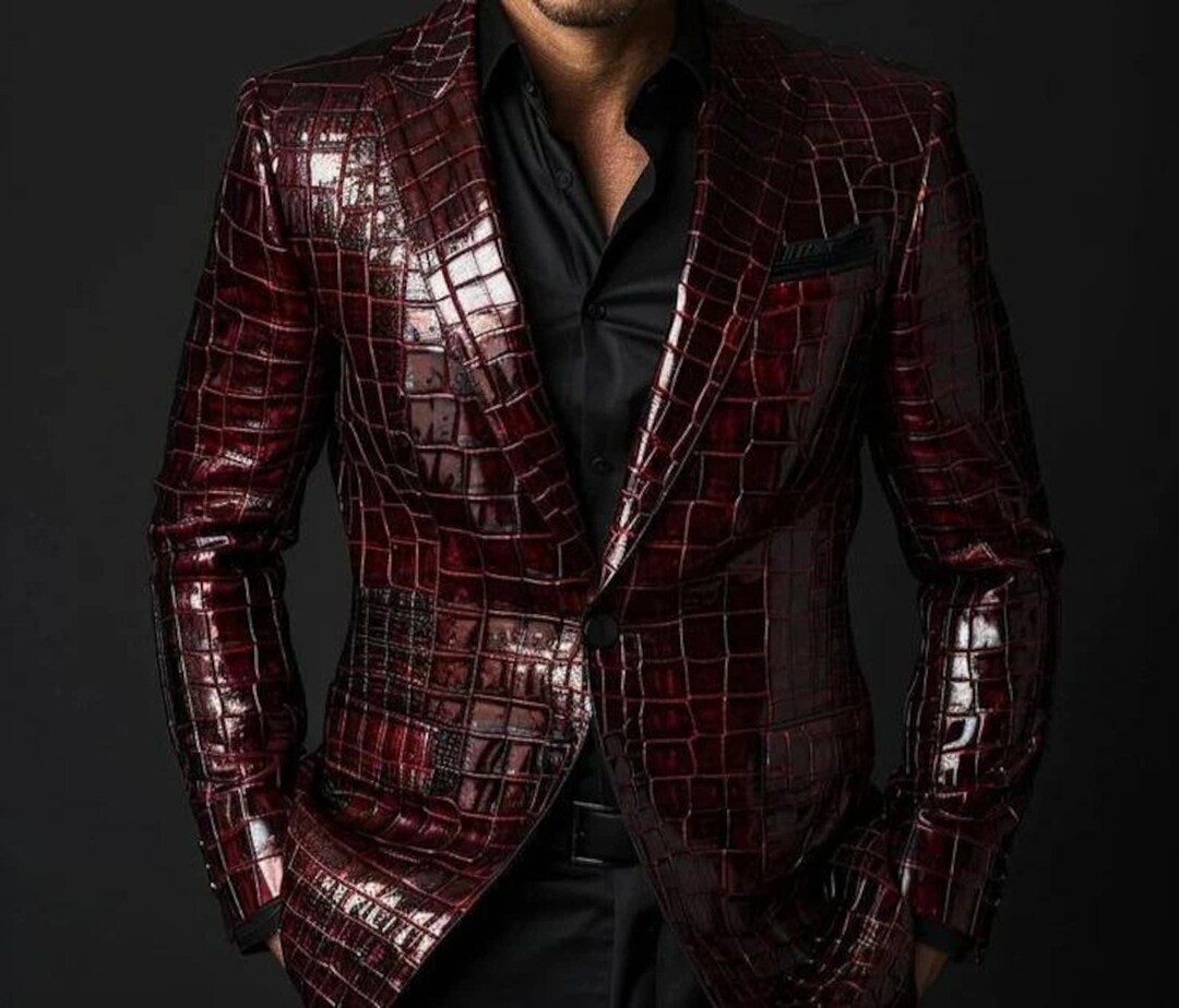 Men's Handmade Burgundy Crocodile Print Genuine Cow Leather Blazer Coat ...