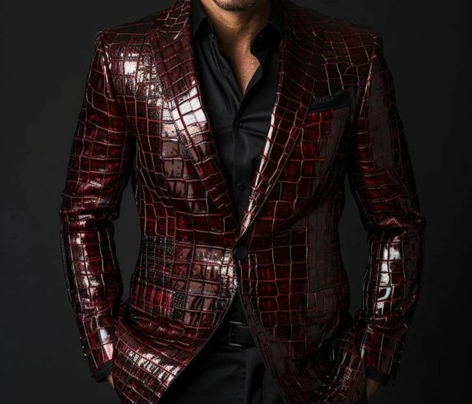 Men's Handmade Burgundy Crocodile Print Genuine Cow Leather Blazer Coat ...