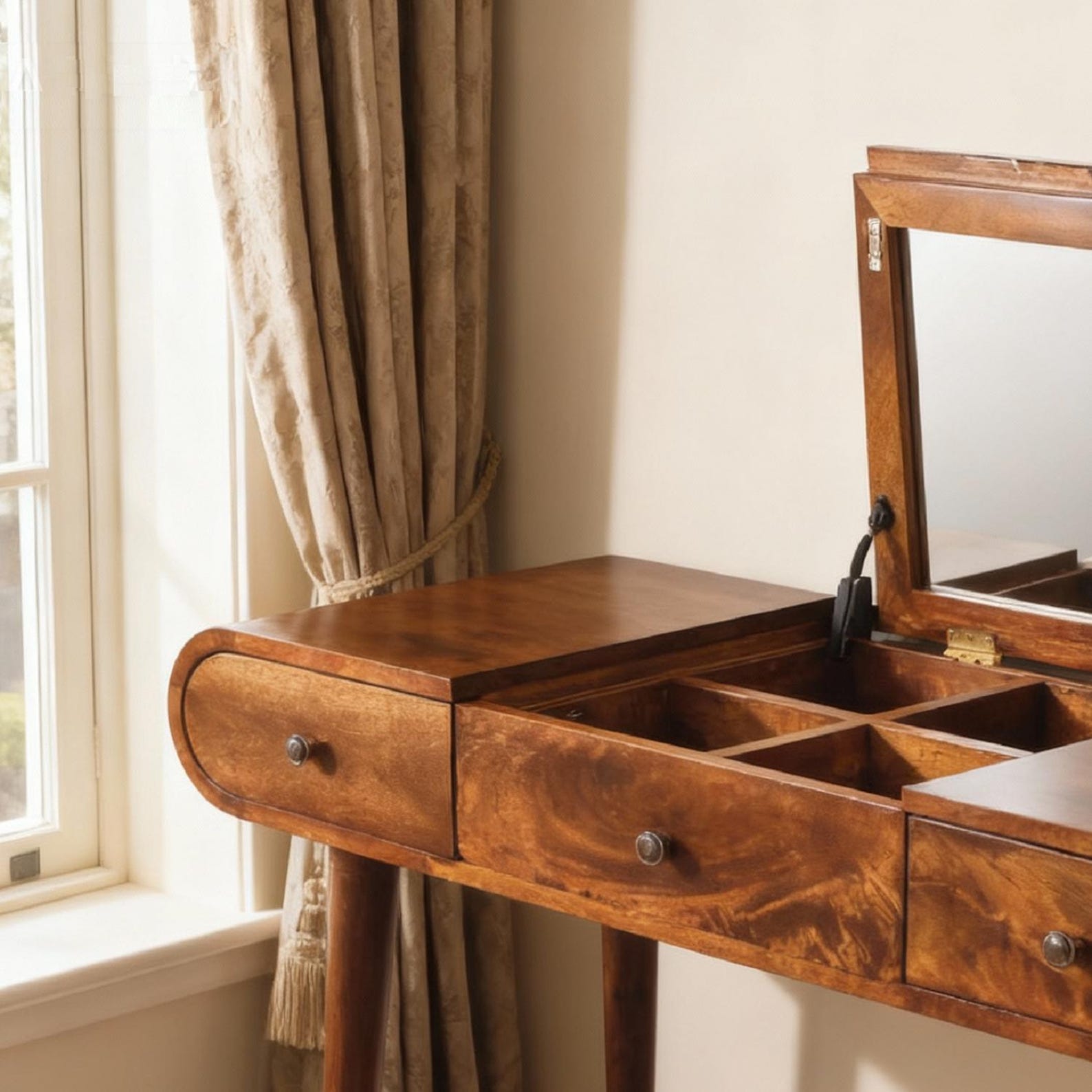Solid Mango Wood Dressing Vanity Table With 3 Drawers & Foldable Mirror ...