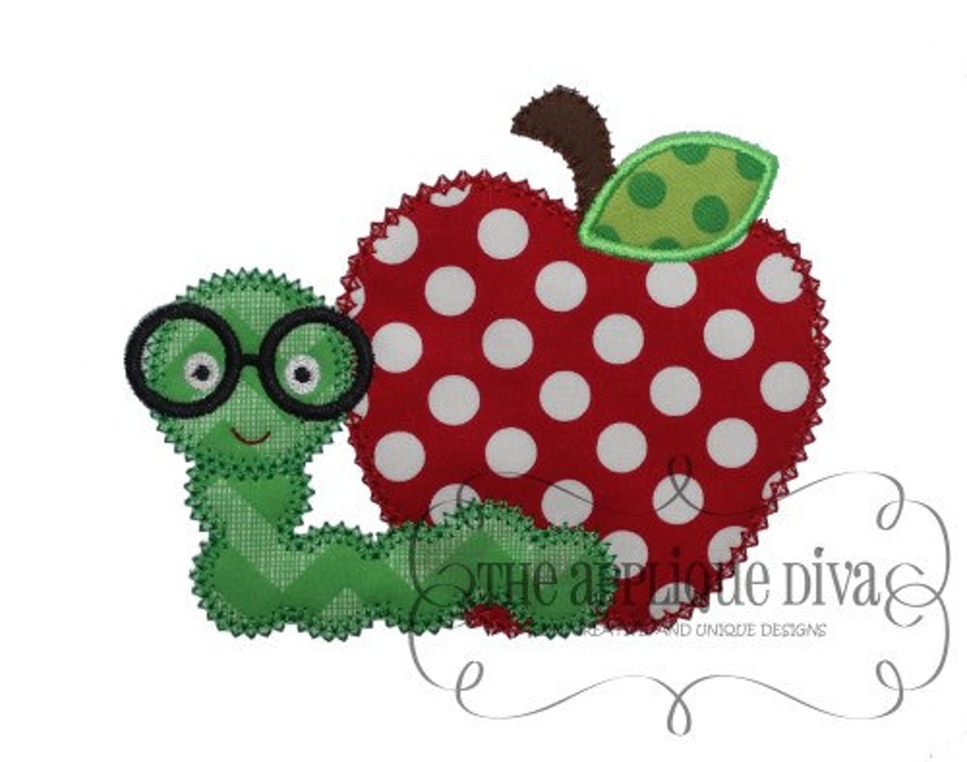 Back to School Worm Apple Digital Embroidery Design Machine Applique - Etsy