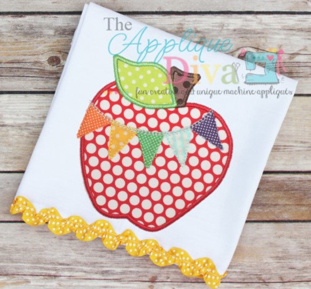 Back to School Pennant Apple Digital Embroidery Design Machine Applique ...