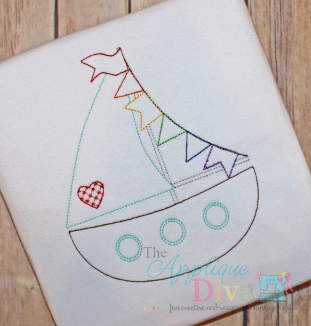 Summer Vintage Stitch Sailboat Digital Embroidery Design Machine ...
