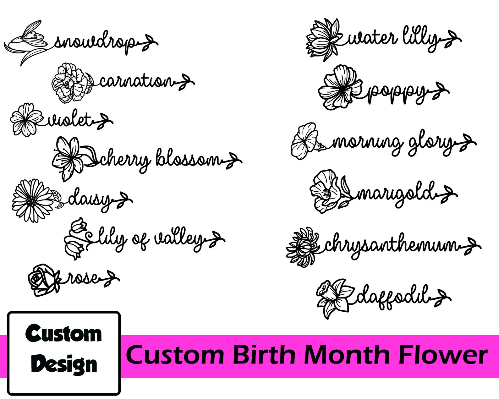 Birth Month Flower Name Stem Custom Design Svg Png Jpg Digital Tattoo ...