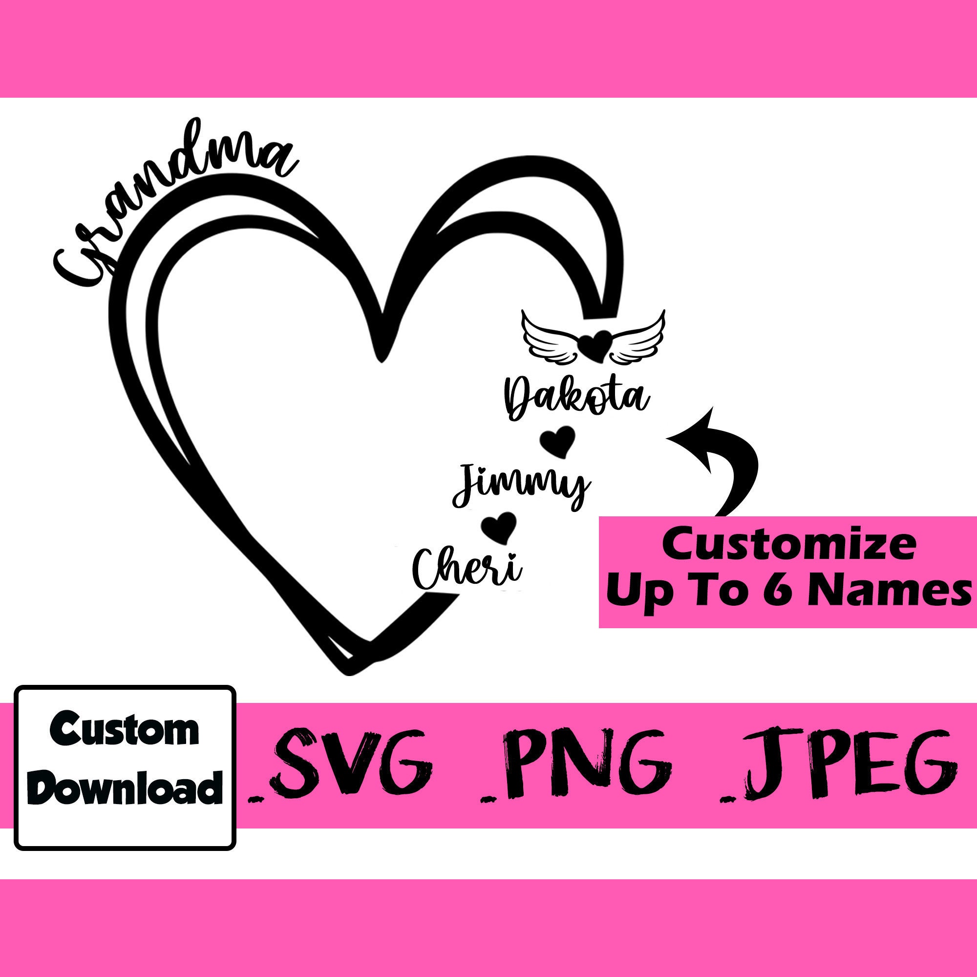 Custom Grandma Heart Angel Wing Design Grandkid Names Heart Shape ...