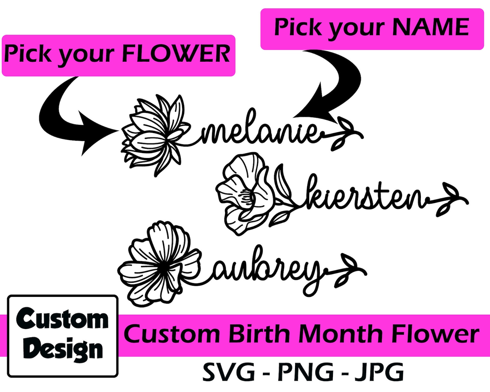 Birth Month Flower Name Stem Custom Design Svg Png Jpg Digital Tattoo ...