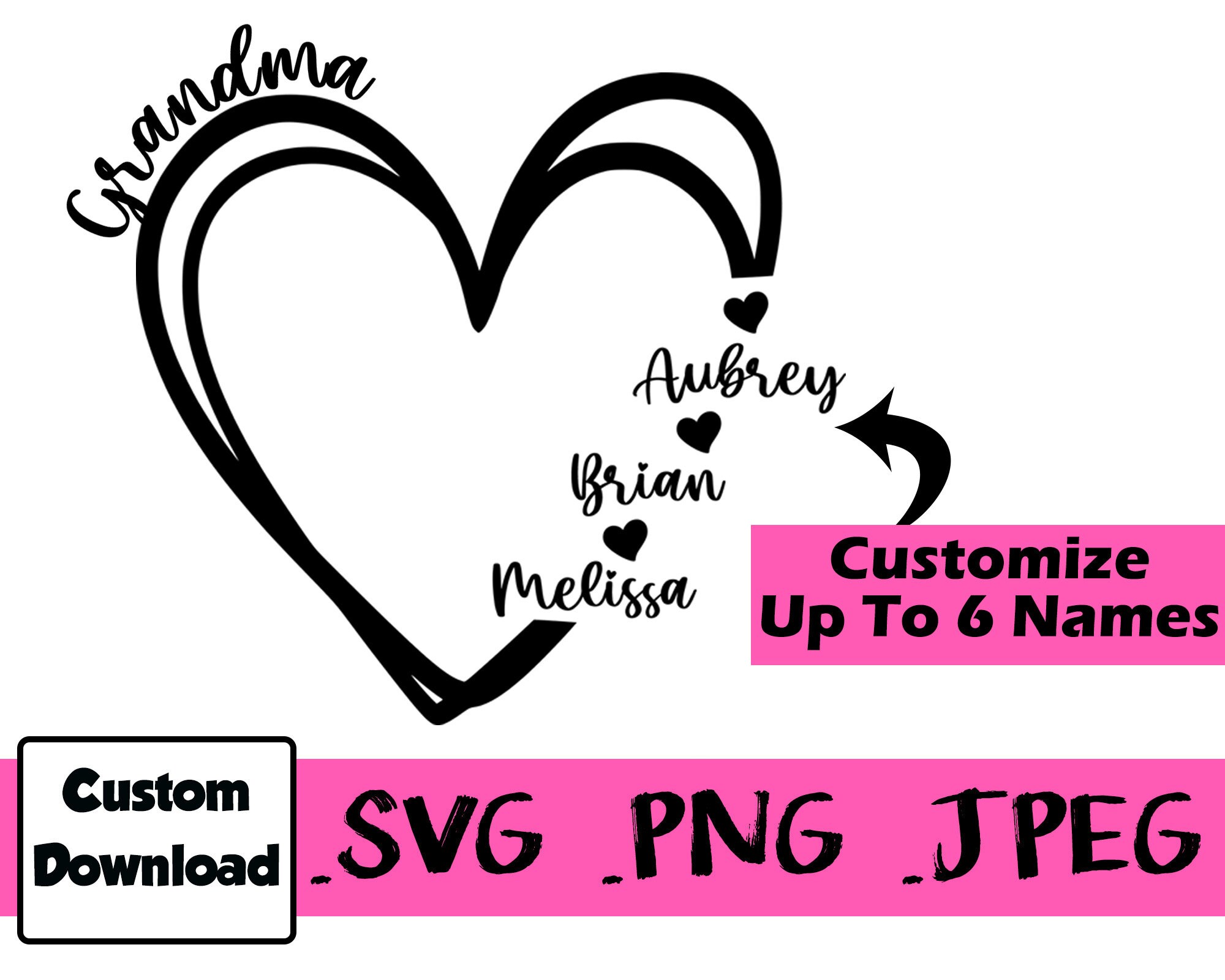 Custom Grandma Heart Design Grandkid Names Heart Shape Digital - Etsy