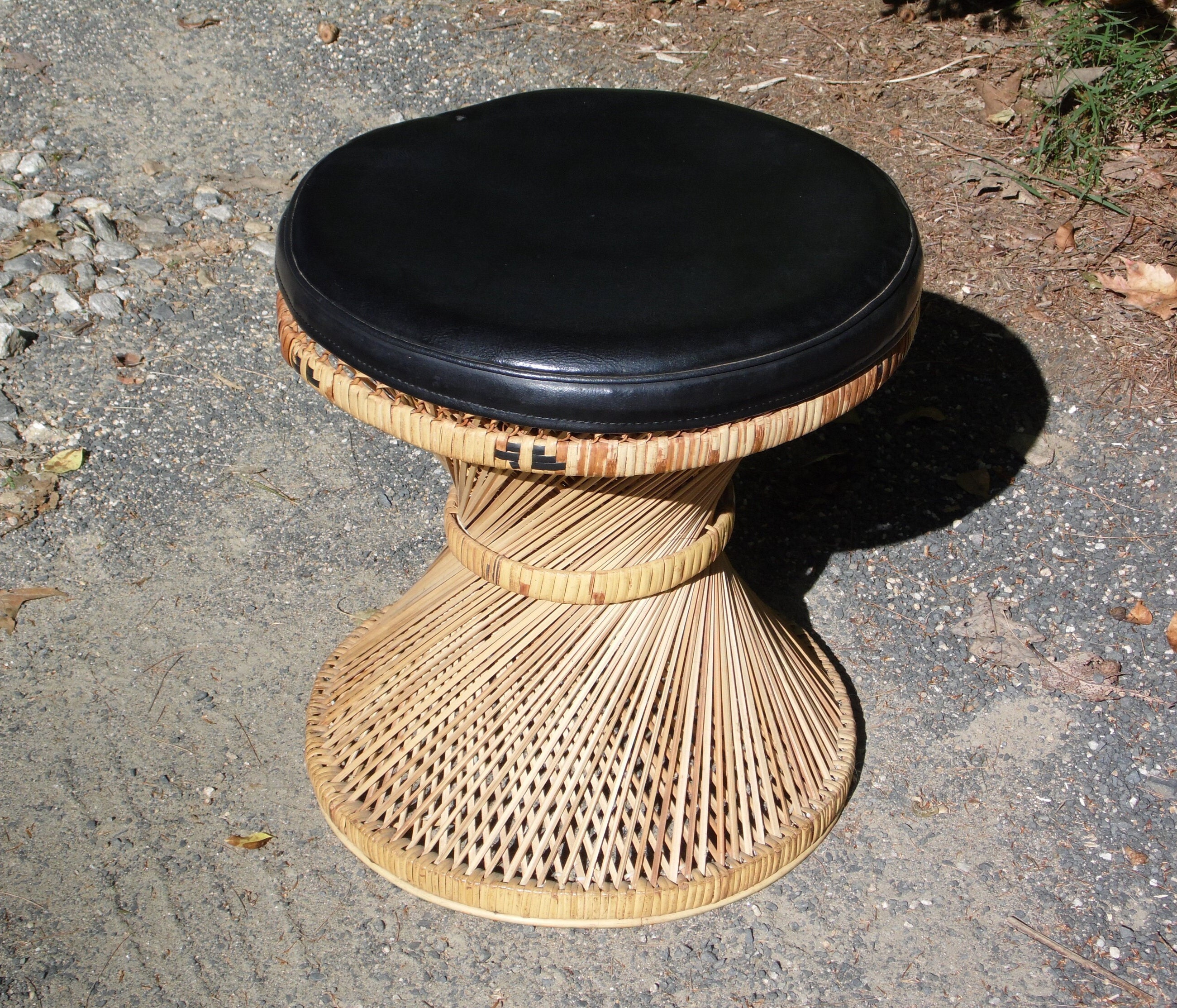 Vintage Mid Century Twisted Rattan Wicker Hourglass Stool Ottoman Side ...