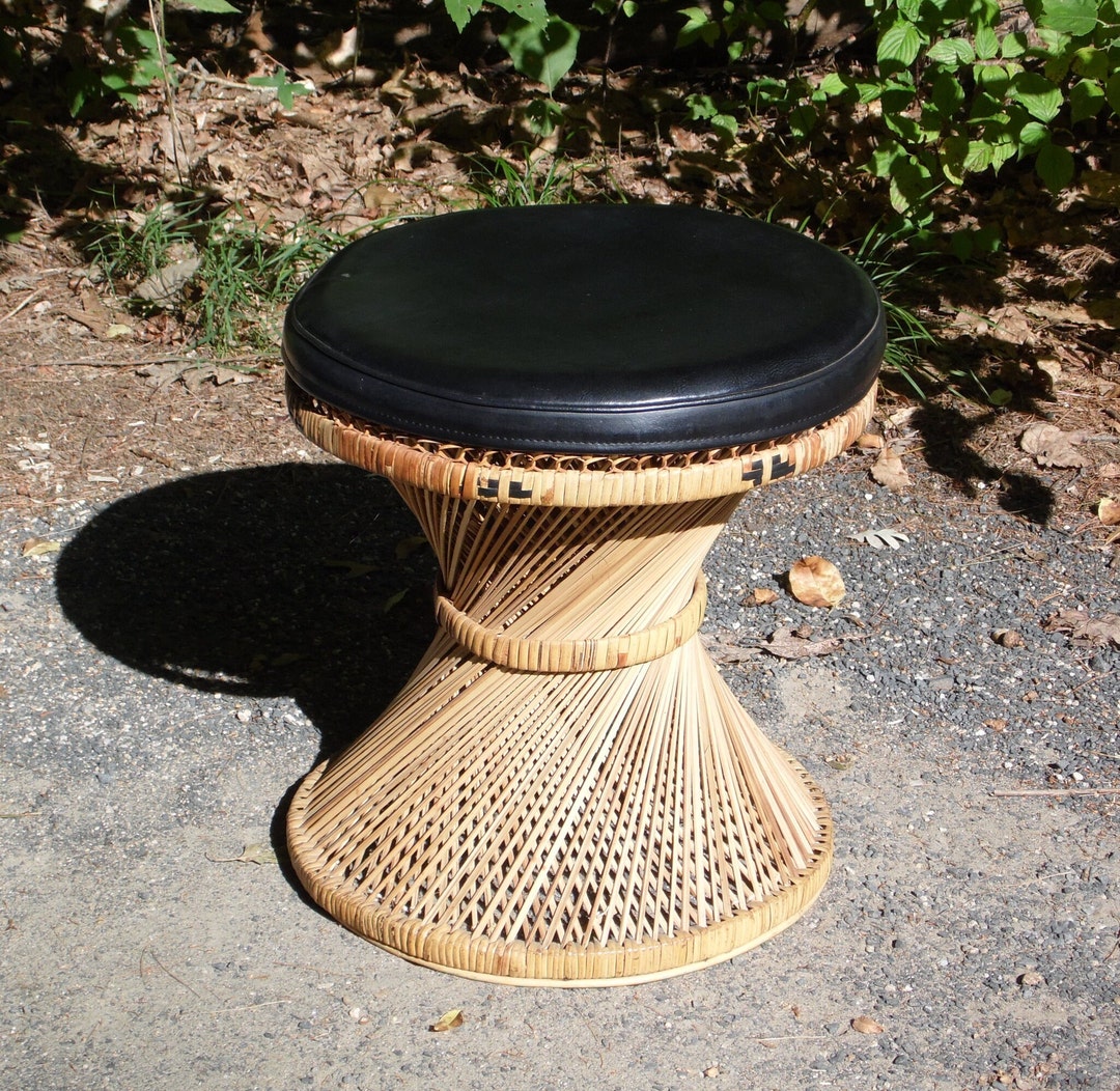 Vintage Mid Century Twisted Rattan Wicker Hourglass Stool Ottoman Side ...