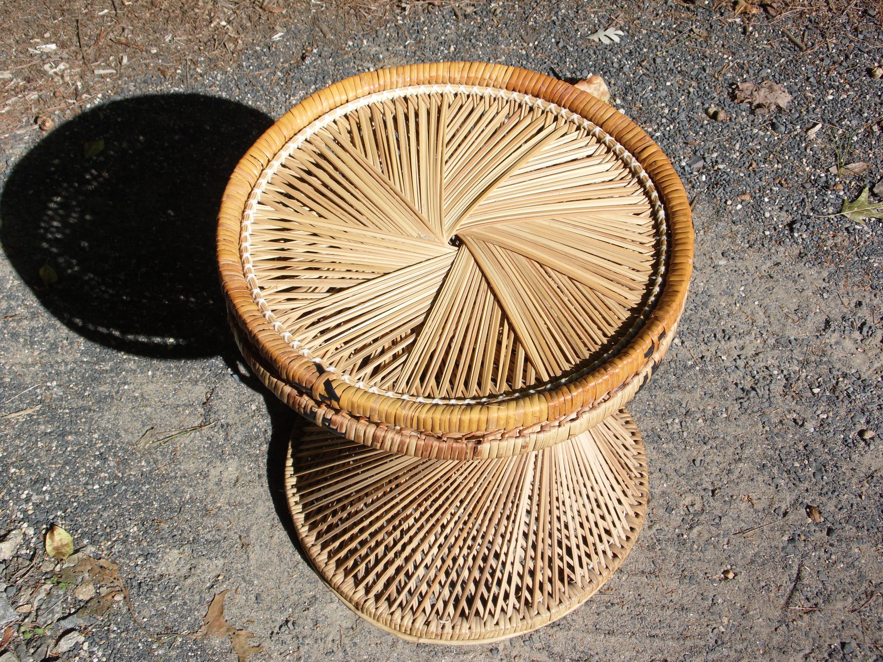 Vintage Mid Century Twisted Rattan Wicker Hourglass Stool Ottoman Side ...