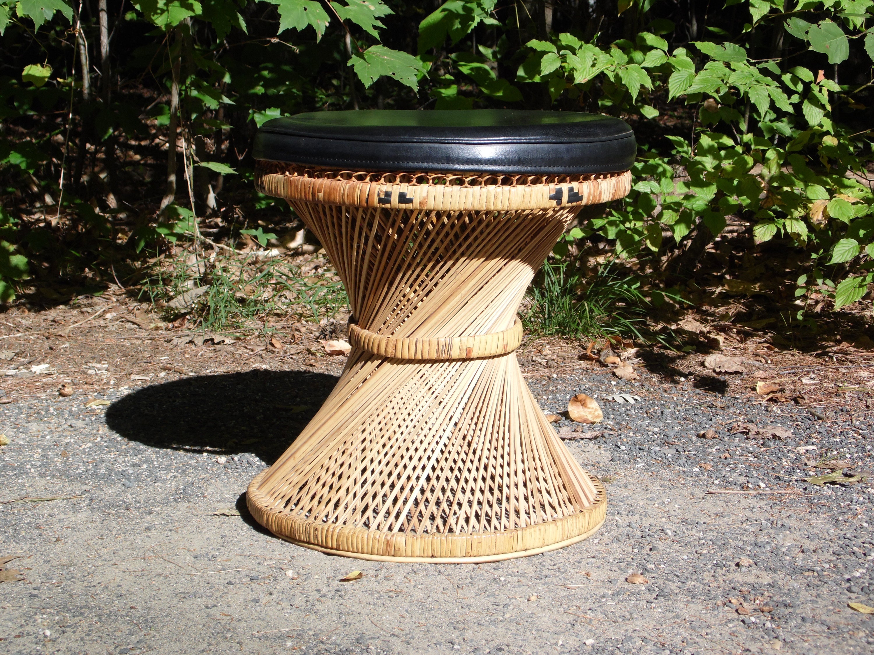 Vintage Mid Century Twisted Rattan Wicker Hourglass Stool Ottoman Side ...