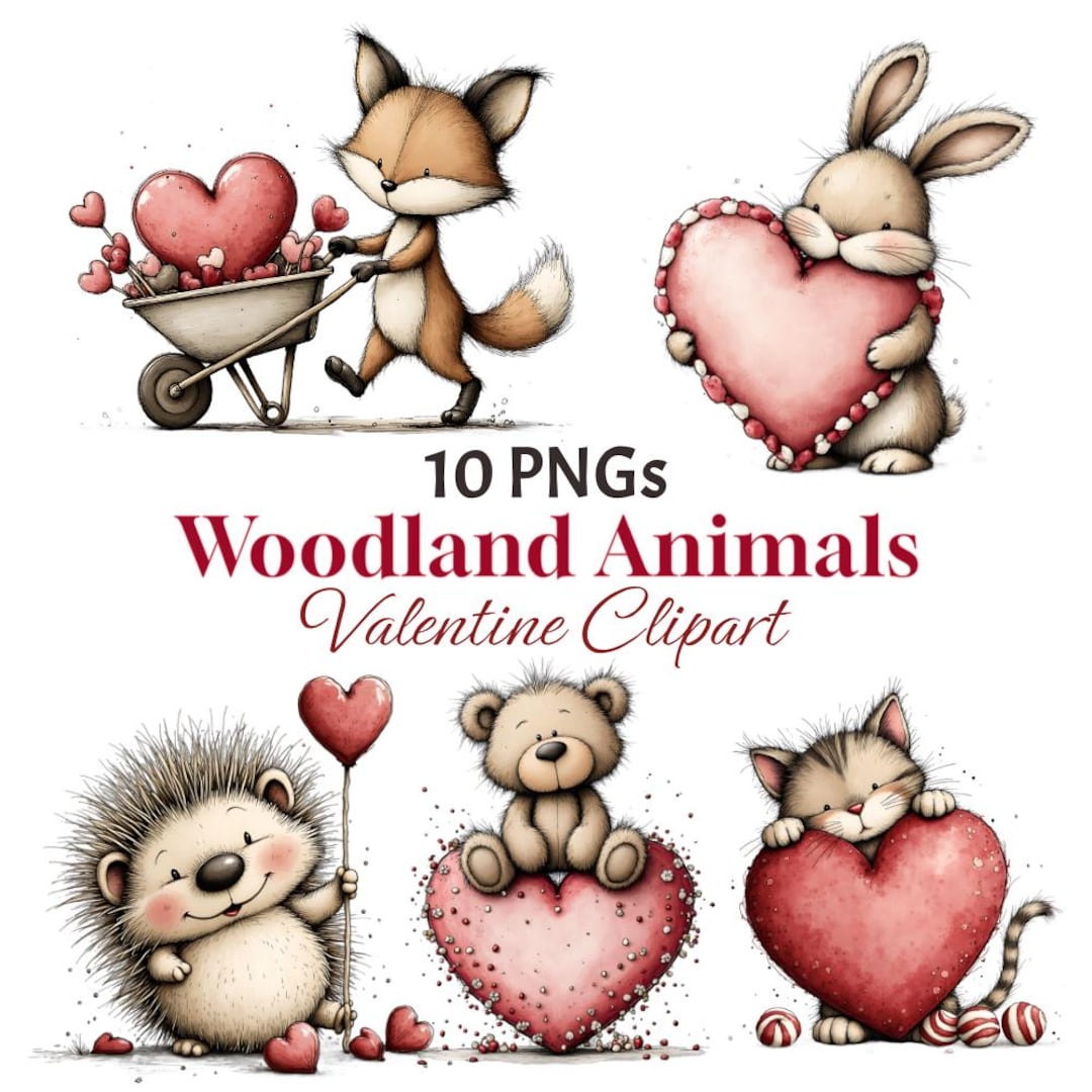 Woodland Animal Valentine Clipart, Heart PNG Bundle (digital Download ...