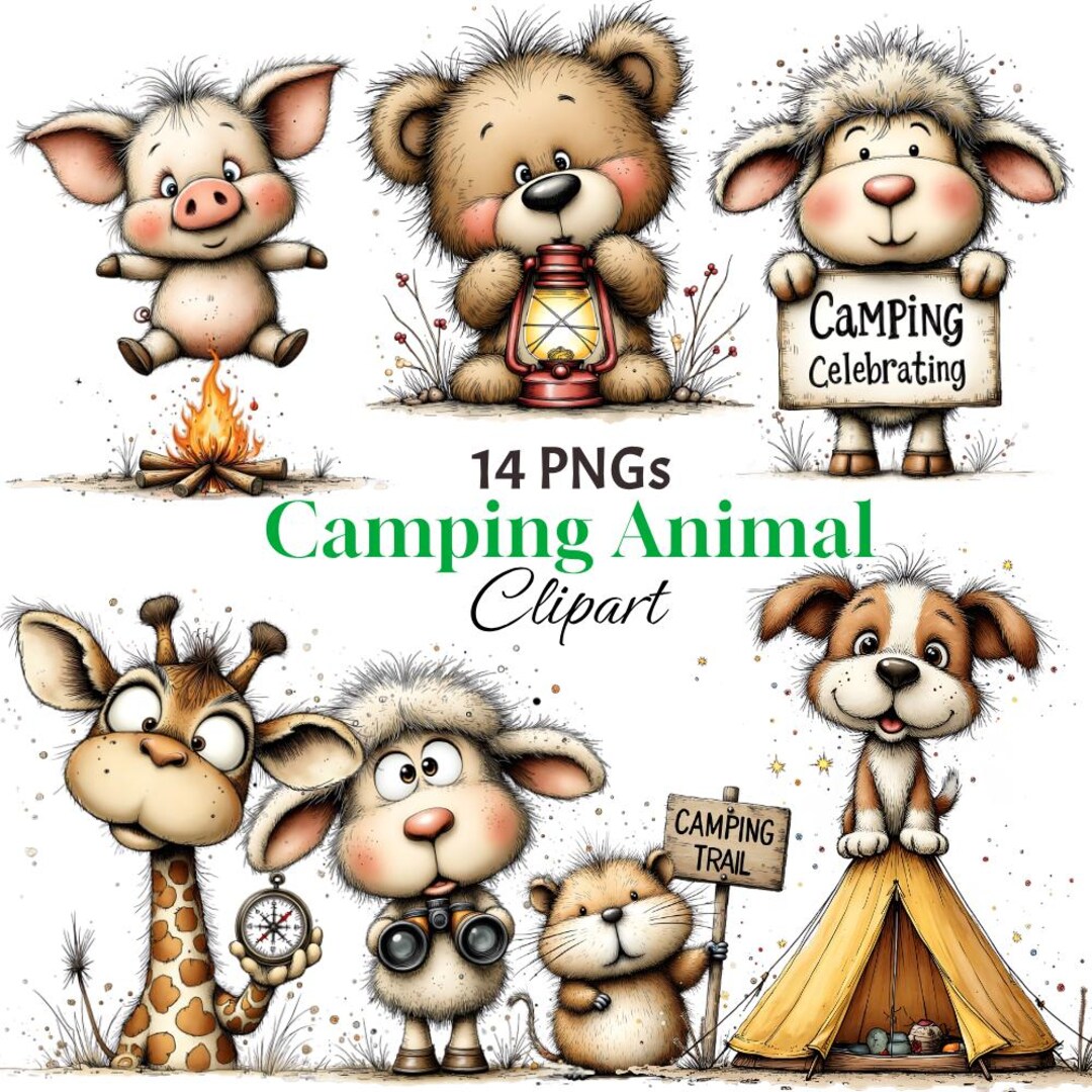 14 Camping Animal Clipart PNG, Whimsical Adventure Friends Download ...