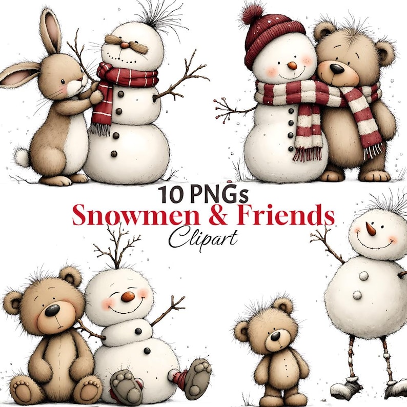 Snowman and Friends Clipart, Winter Holiday PNG Bundle (digital ...