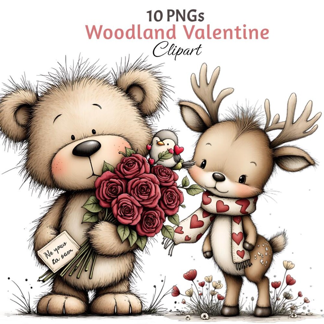 Valentine Woodland Animals Clipart, Heart Designs (PNG Digital Download ...