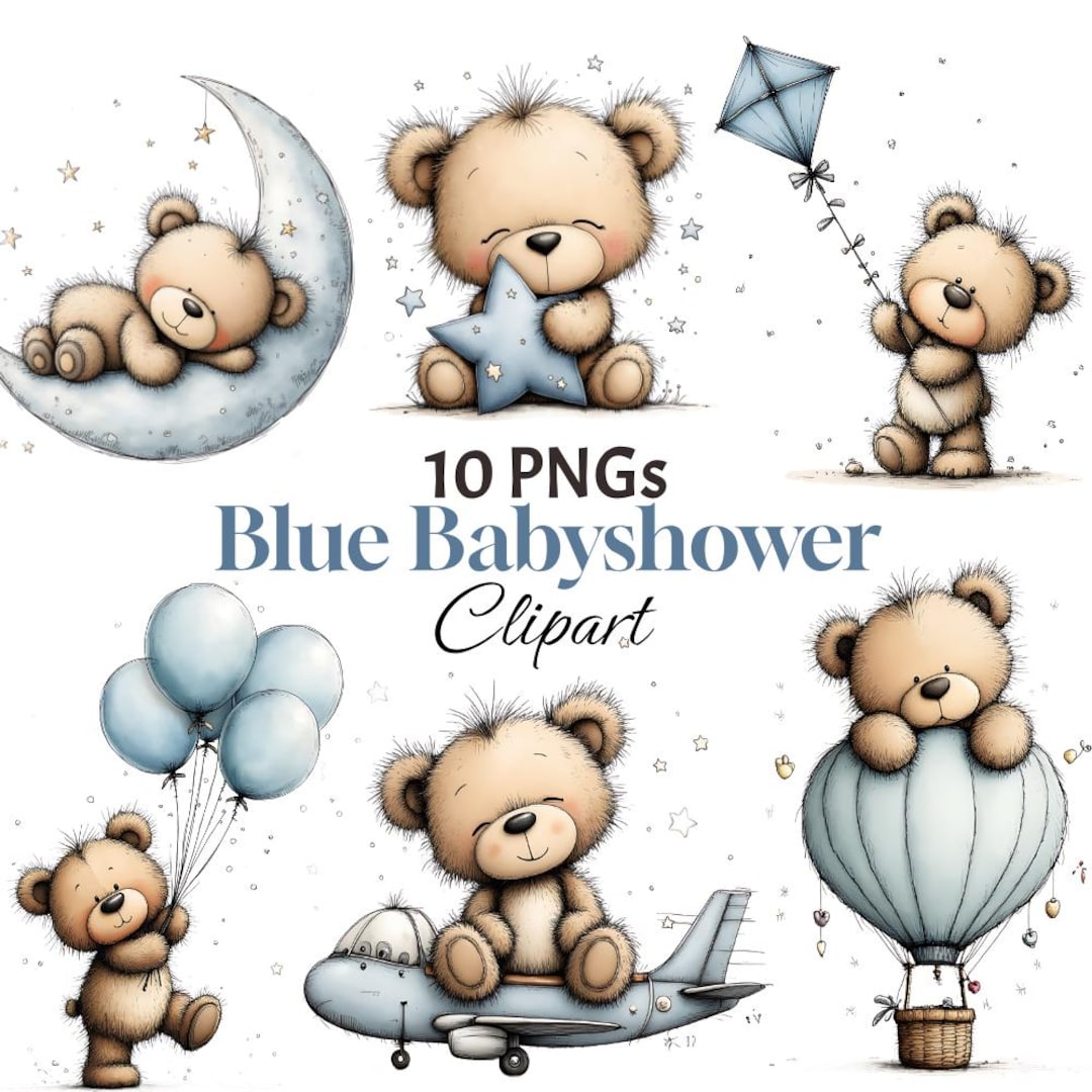 Blue Teddy Bear Clipart PNG, Boy Baby Shower Graphics, Nursery Bundle ...