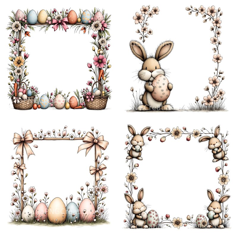 49 Easter Frame Clipart Bundle, Whimsical Spring Border, Bunny & Chick ...