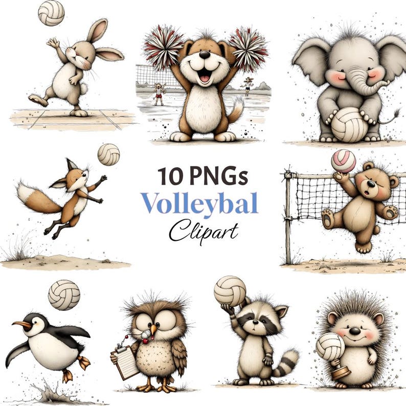 Volleyball Animals Clipart PNG, Cute Sports Designs, Whimsical Kids ...