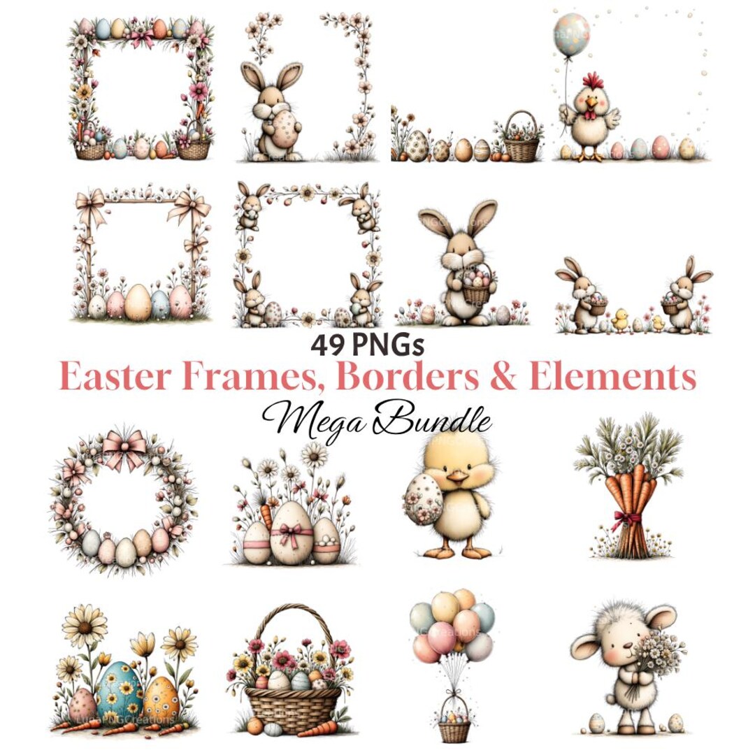 49 Easter Frame Clipart Bundle, Whimsical Spring Border, Bunny & Chick ...