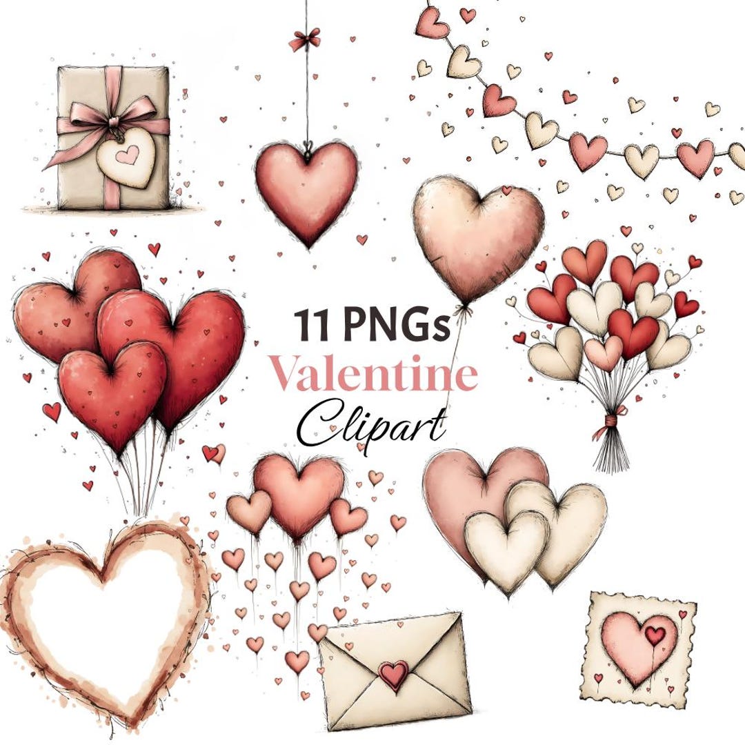 11 Valentine's Day Clipart, Whimsical Heart Graphic Pngs, Love Digital ...