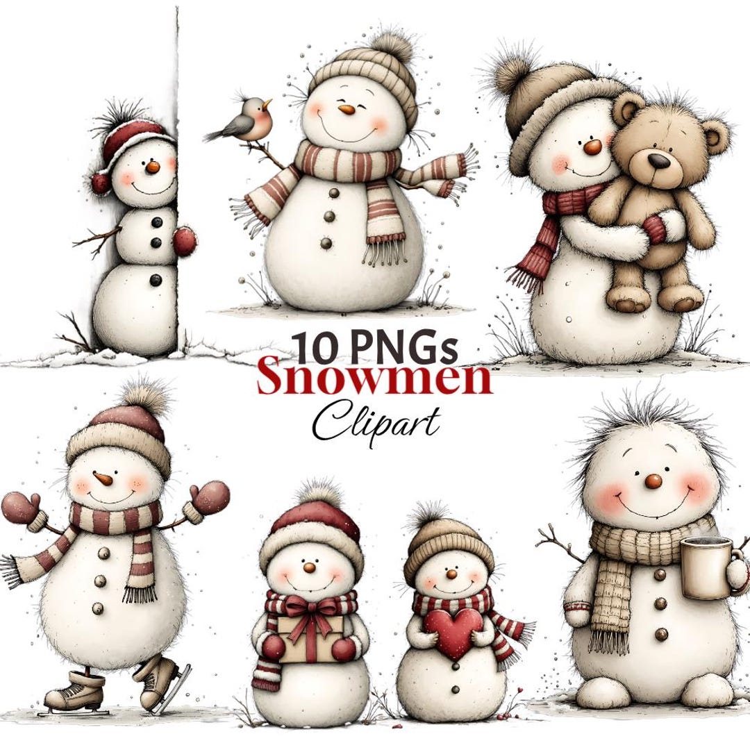 Snowman Clipart PNG Bundle, Whimsical Winter Snowmen, Quirky Holiday ...