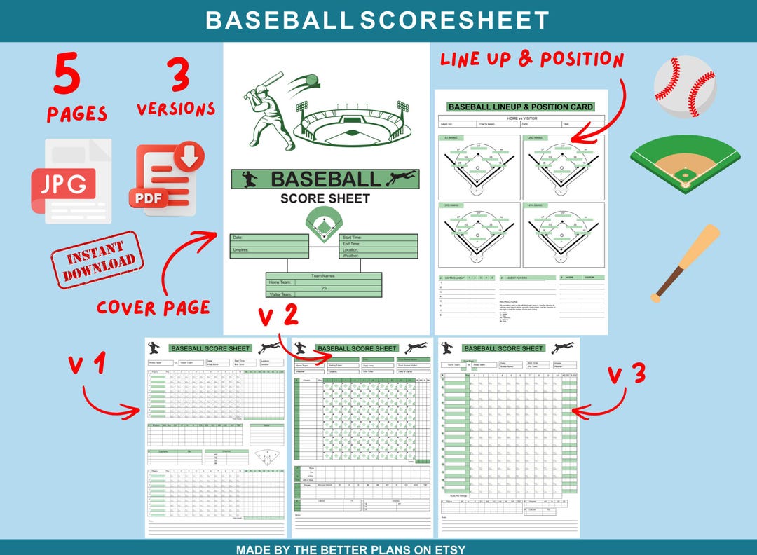 Printable Baseball Softball Scorebook Pages | Lineup & Score Sheet ...