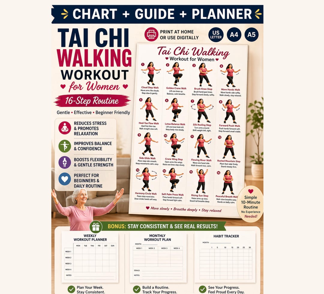 Tai Chi Walking Workout Chart for Women, Seniors Balance Exercise (PDF ...