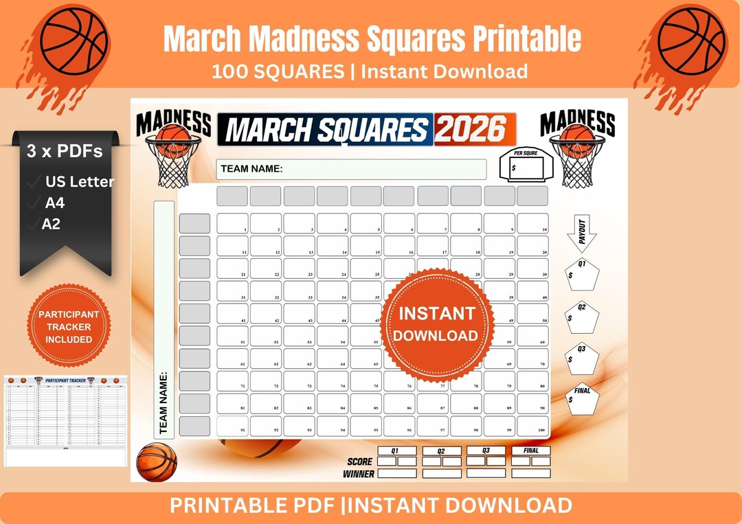 March Madness Squares Printable, NCAA Basketball Tournament Office Pool ...