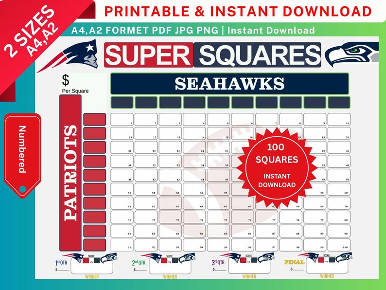 Super Bowl Square Printable Template, Superbowl Squares Instant ...
