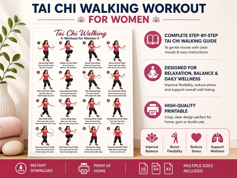 Tai Chi Walking Workout Chart for Women, Seniors Balance Exercise (PDF ...