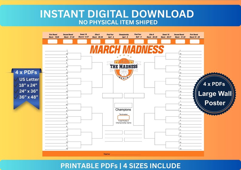 Large 2026 March Madness Bracket Basketball Printable - Etsy
