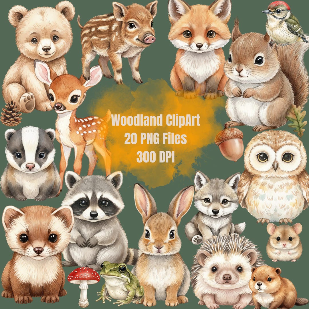 Baby Forest Animals Watercolor Clipart Set, Woodland Nursery Art, Baby ...