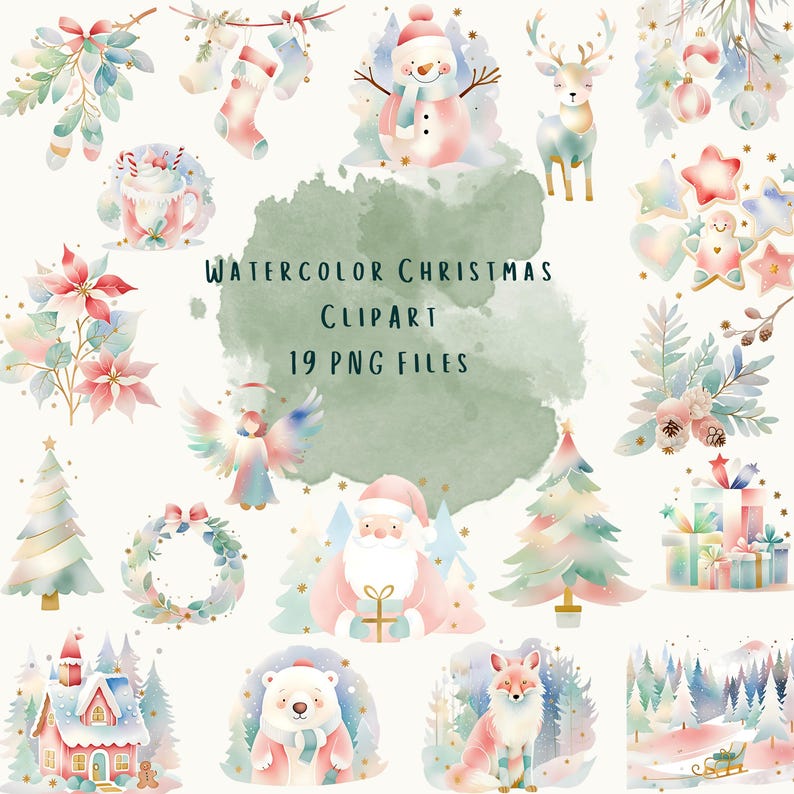 Watercolor Christmas Clipart Set, Modern Holiday Aesthetic, Pastel ...
