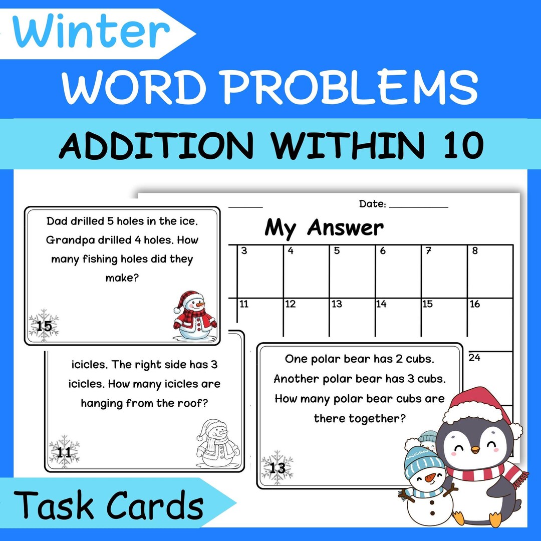 Winter Themed Word Problems Task Cards Addition Within 10 - Etsy