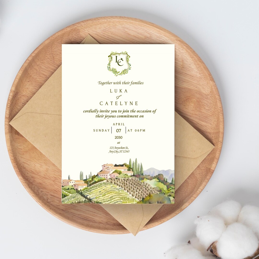 Luxury Tuscan Wedding Invitation | Editable Canva Template | Rustic ...