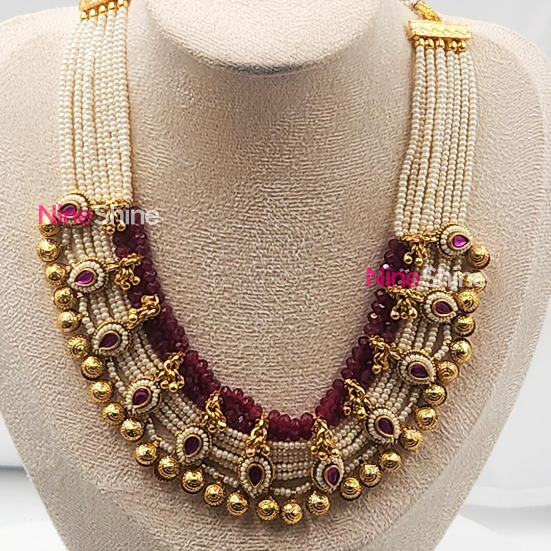 Ruby Pearl Layered Necklace With Gold Beads – Ethnic Jewelry - Etsy