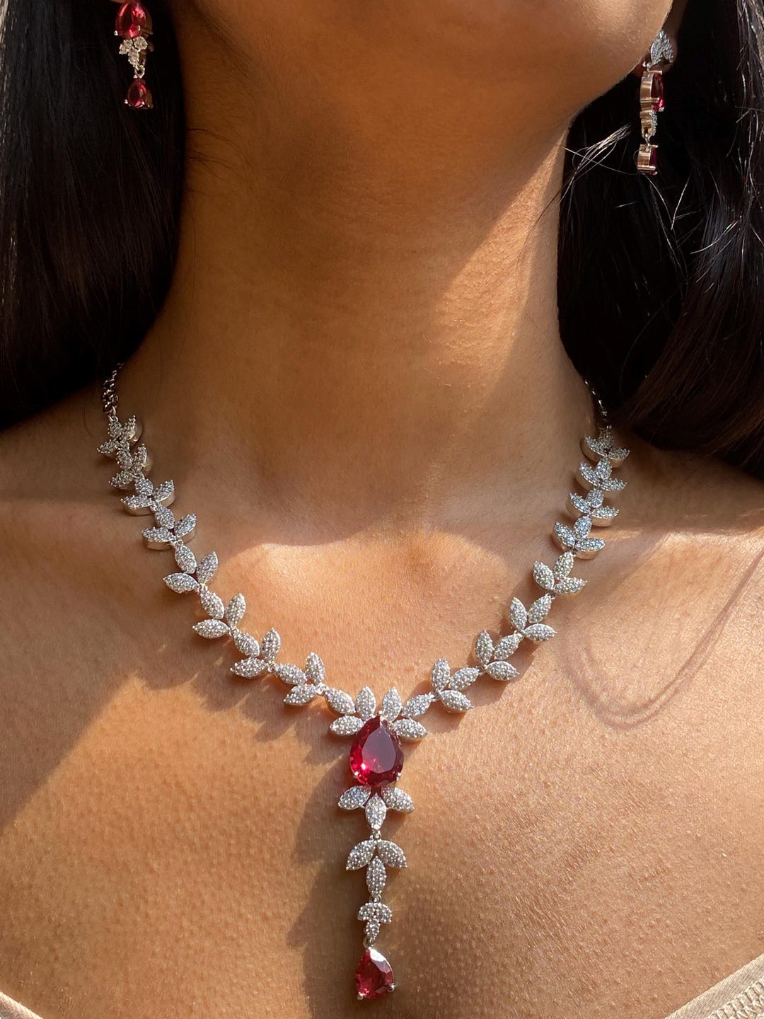 Red Ruby Teardrop AD (american Diamond) Jewelry Set | Cubic Zirconia ...