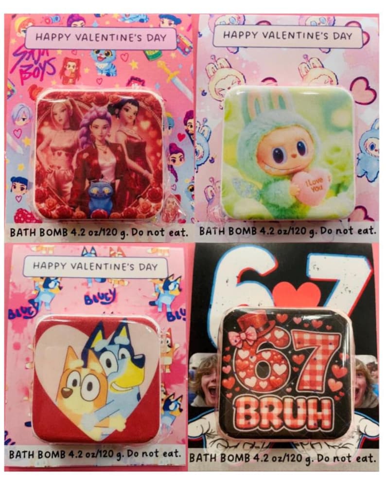 Valentine's Bath Bombs Bluey K-pop 67 Labubu Taylor Swift Valentine's ...