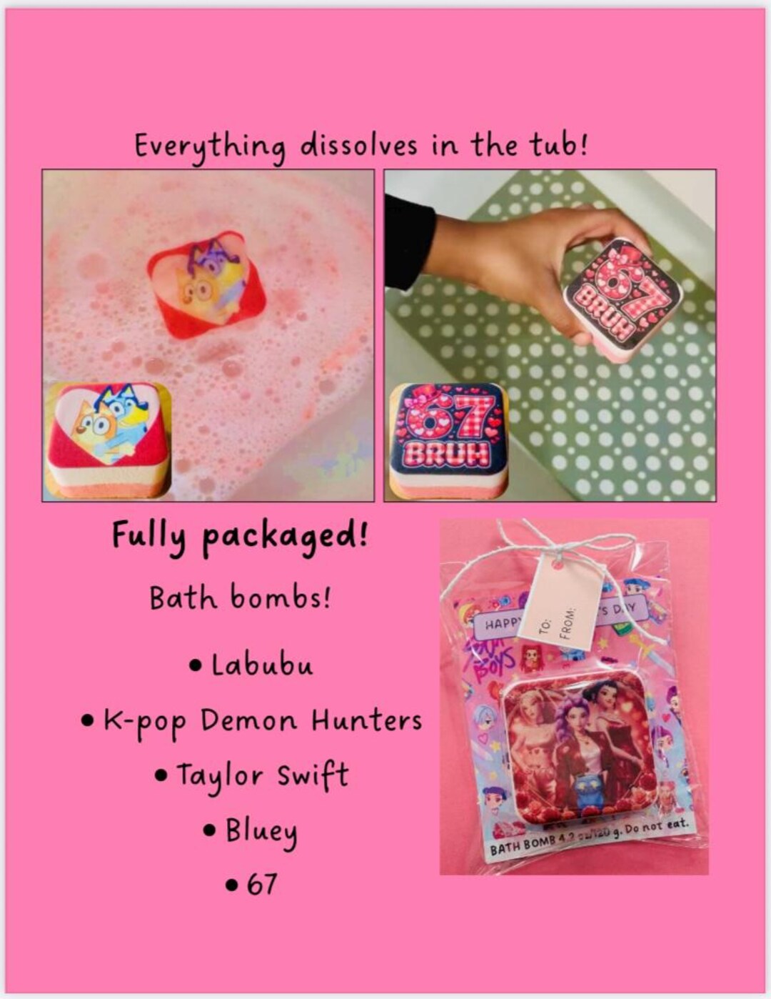 Valentine's Bath Bombs Bluey K-pop 67 Labubu Taylor Swift Valentine's ...