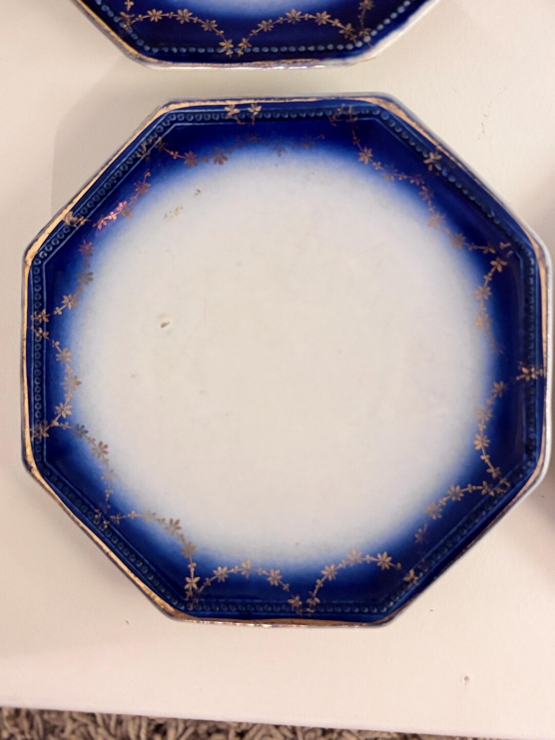 Antique Flow Blue Plates Set – Octagonal Gilt Floral, La Française - Etsy