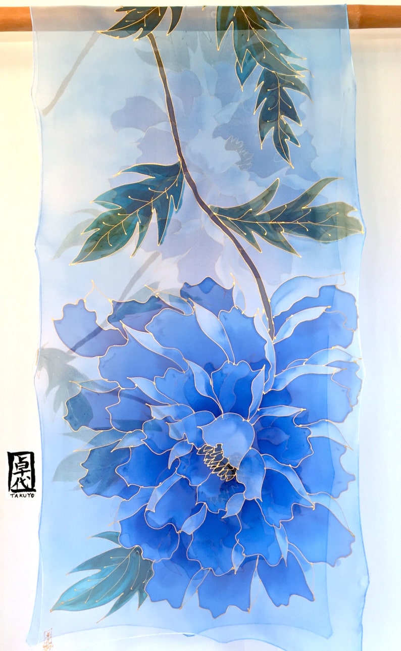 Scialle di seta blu seta dipinta a mano arte pittura di | Etsy