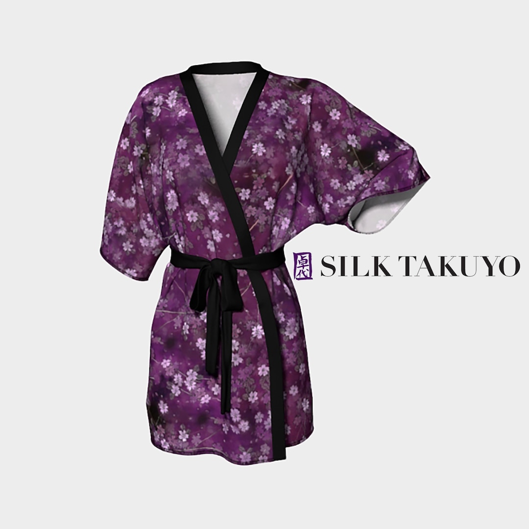Purple Kimono Robe, Purple Japanese Kimono Jacket Night Cherry Blossom ...