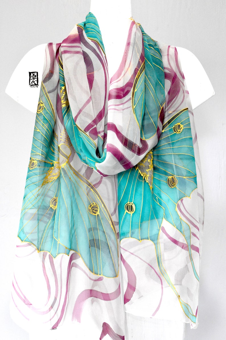 Silk Scarf Handpainted Luna Moth Chiffon Shawl Japanese Silk | Etsy