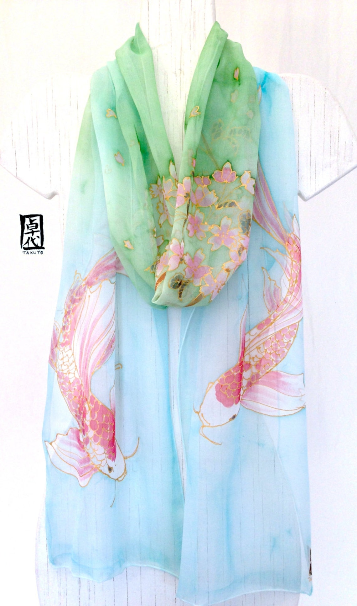 Handpainted Silk Scarf Koi Red Koi Fish With Pink Sakura - Etsy Australia