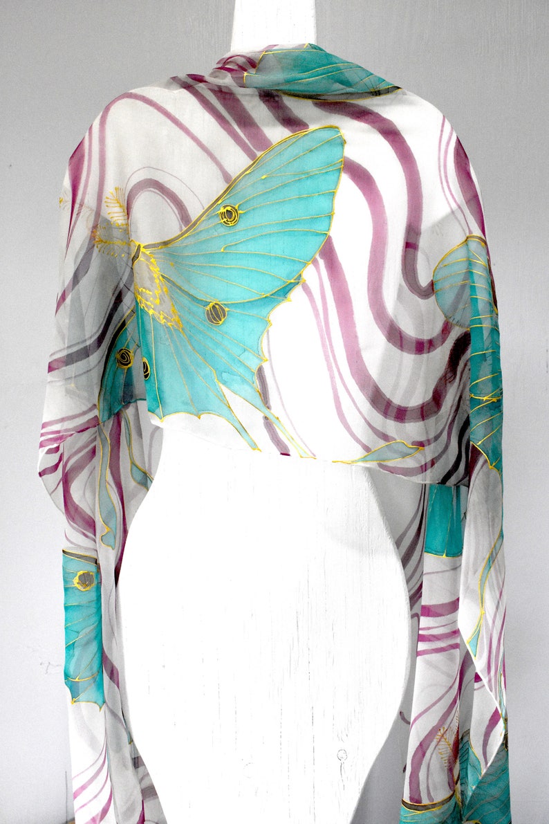 Silk Scarf Handpainted Luna Moth Chiffon Shawl Japanese Silk | Etsy