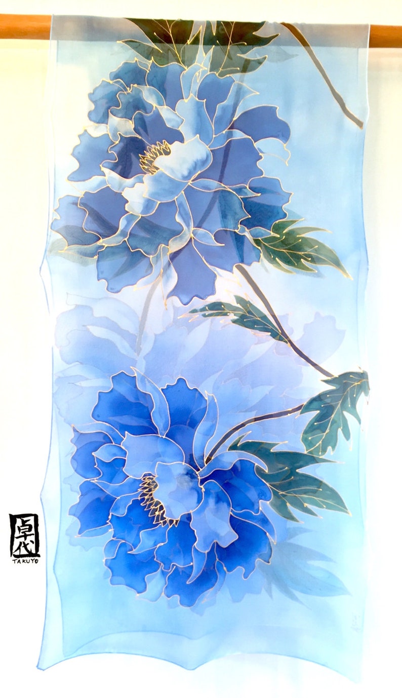 Scialle di seta blu seta dipinta a mano arte pittura di | Etsy